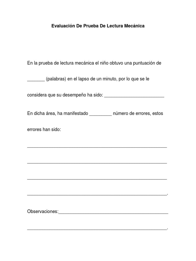 Evaluación de Prueba de Lectura Mecánica | PDF | Crecimiento personal y ...