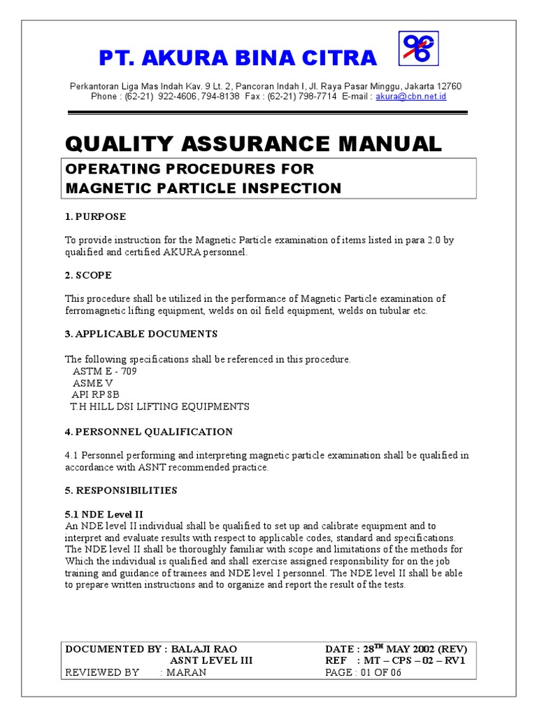 Mpi Procedure Test | Ultraviolet | Quality Assurance