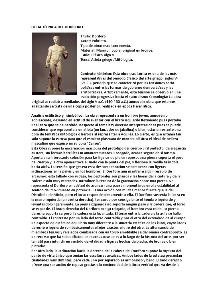 Ficha Técnica del Doríforo de Policleto | PDF | Escultura | Artes (general)