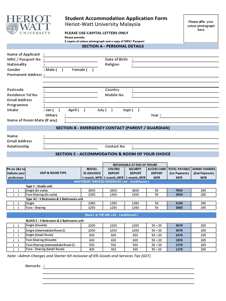 Heriot-Watt University Malaysia: Student Accommodation Application Form ...