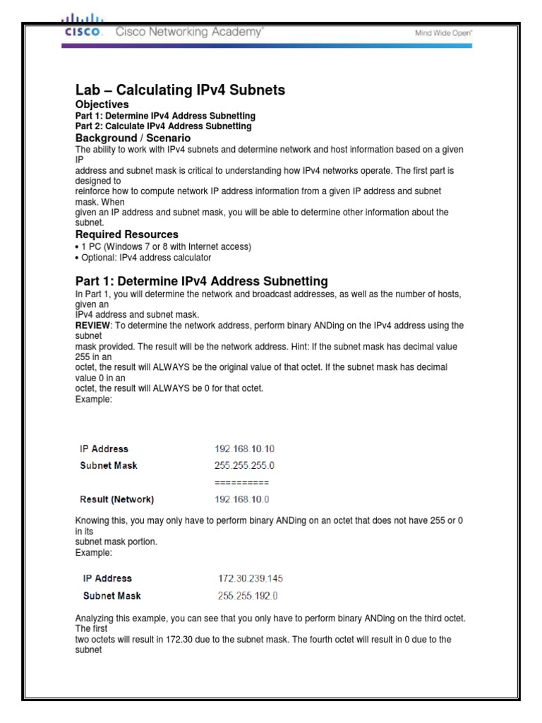 8 1 4 6 Lab Calculating Ipv4 Subnets Pdf Ip Address Network