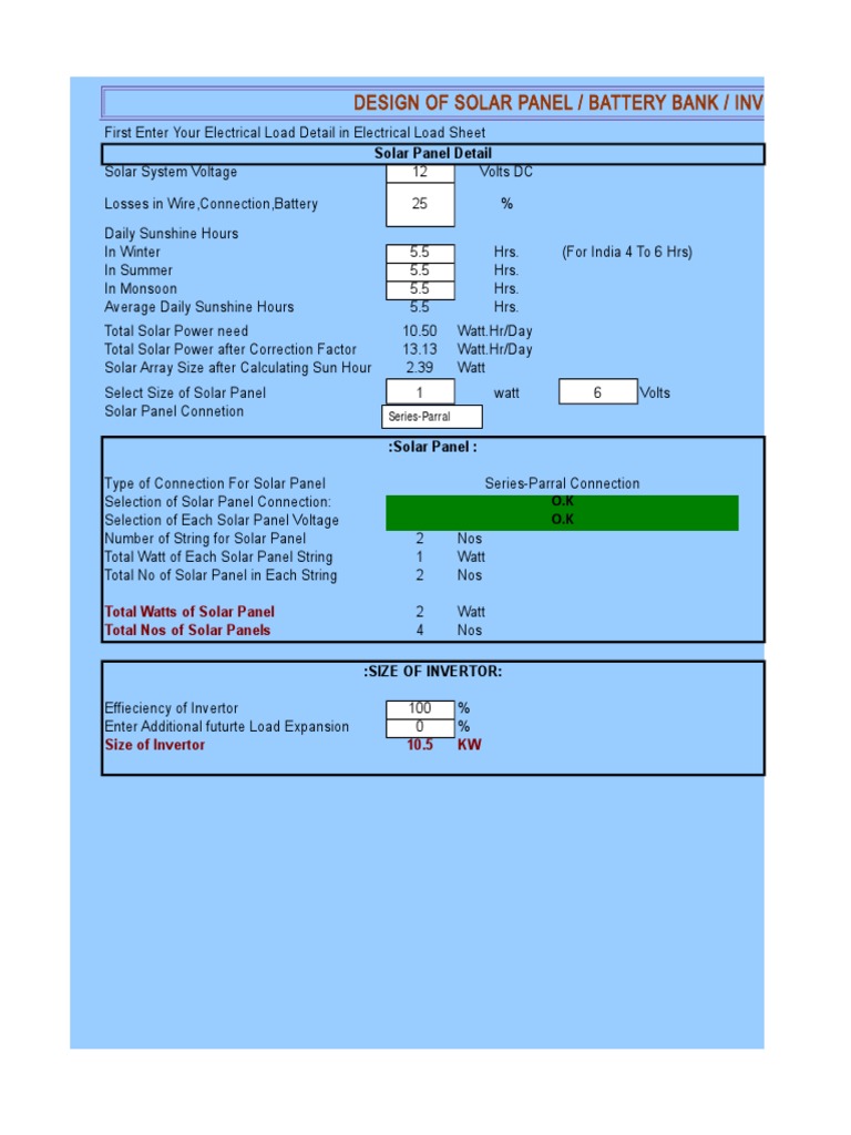 Design of Solar Panel / Battery Bank / Invertor | PDF | Solar Panel ...