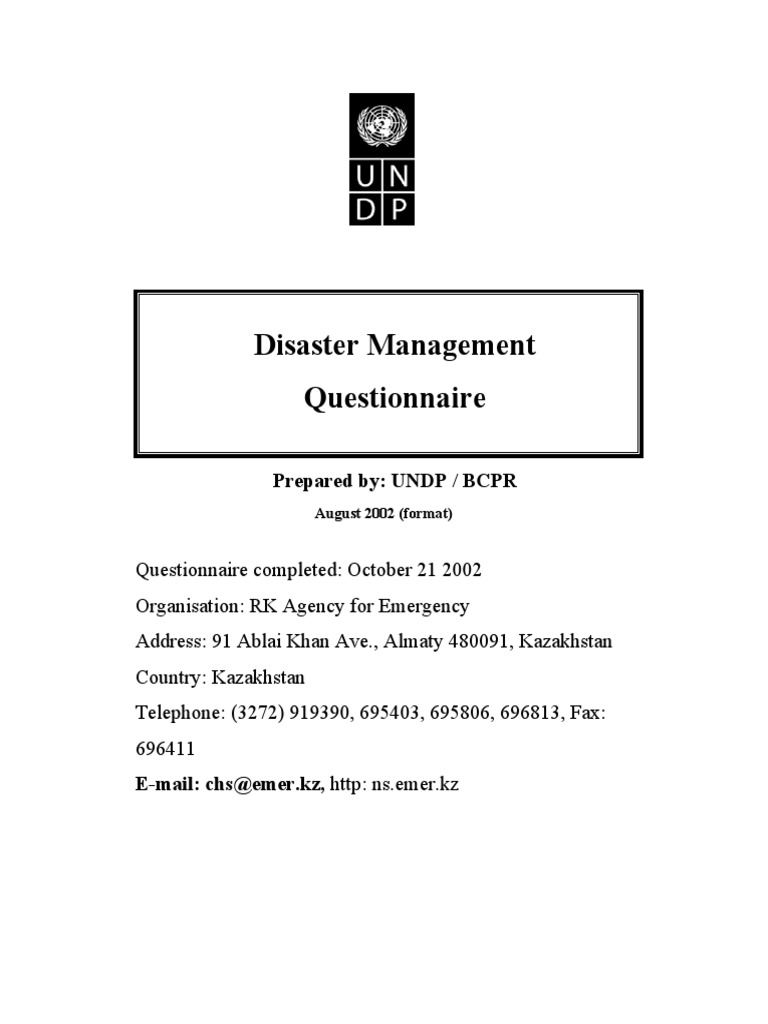 Disaster Management Questionnaire: Prepared By: UNDP / BCPR | PDF ...