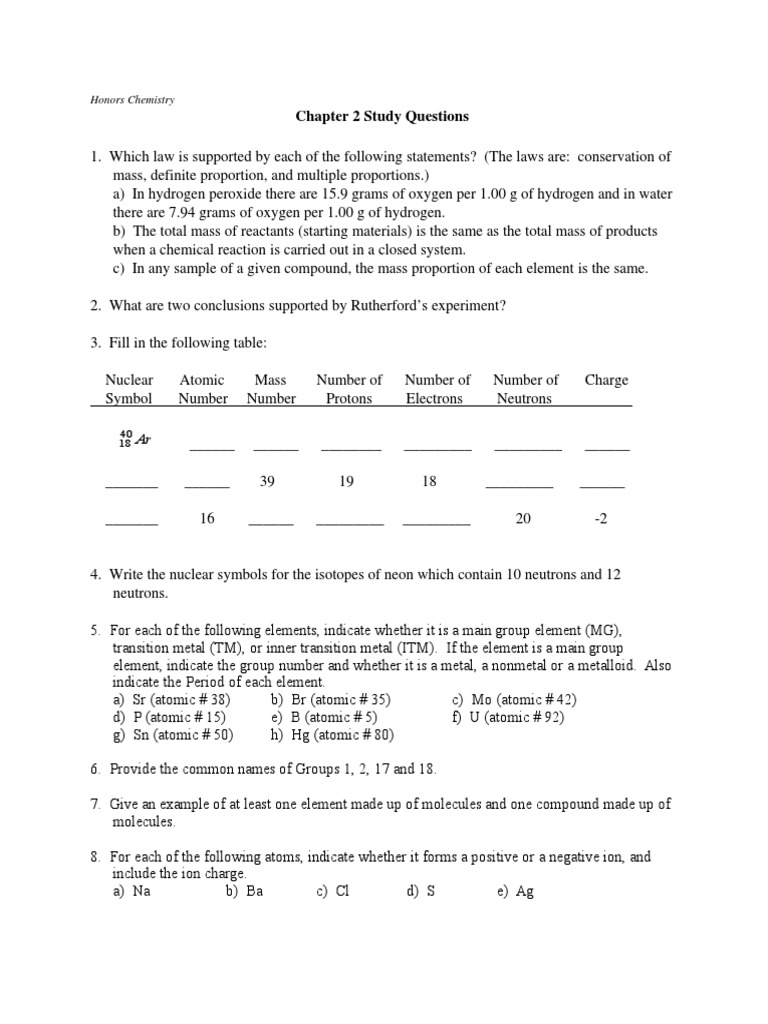 Honors Chemistry Chapter 2 Study Questions Summary | PDF | Chemical ...