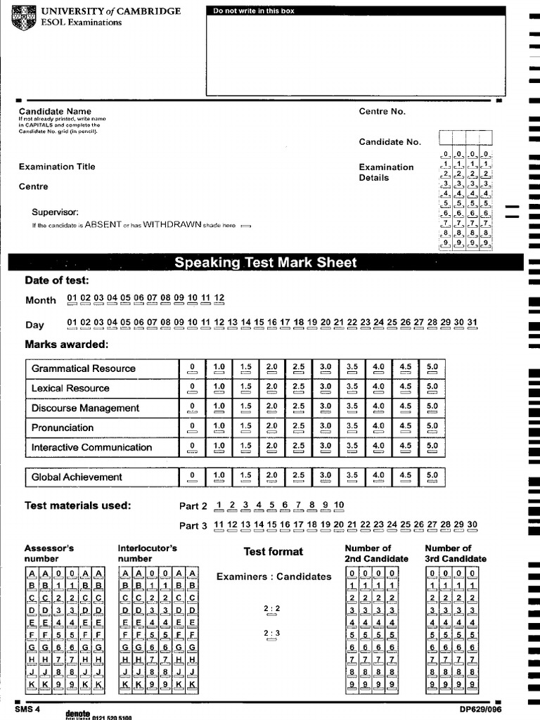 Speaking Test Mark Sheet C1 C2 | PDF