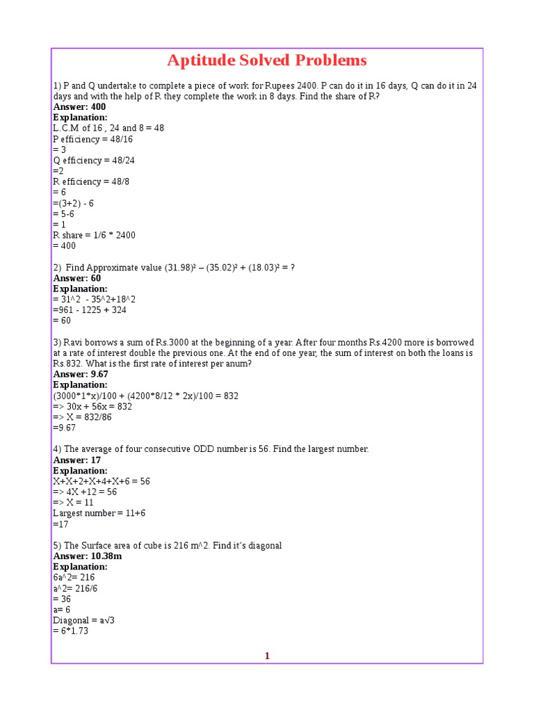 Aptitude Solved Problems | PDF | Percentage | Prices