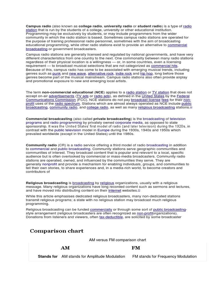 Comparison Chart: Campus Radio (Also Known As College Radio, University ...