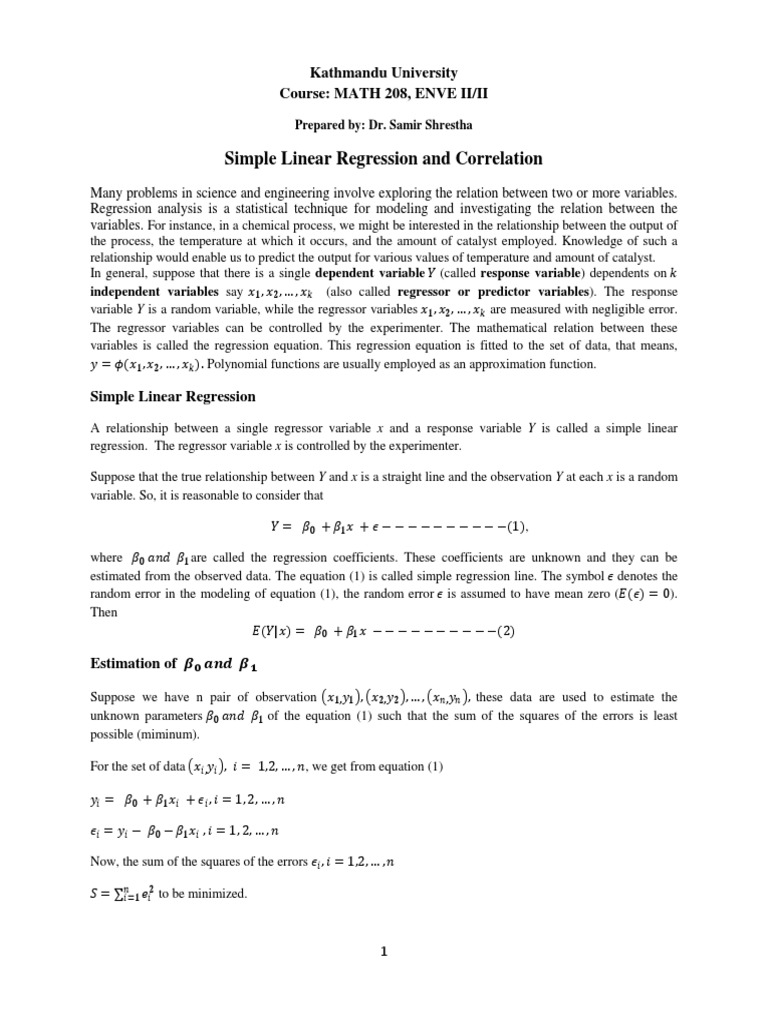 Simple Linear Regression and Correlation: Kathmandu University Course: MATH 208, ENVE II/II ...