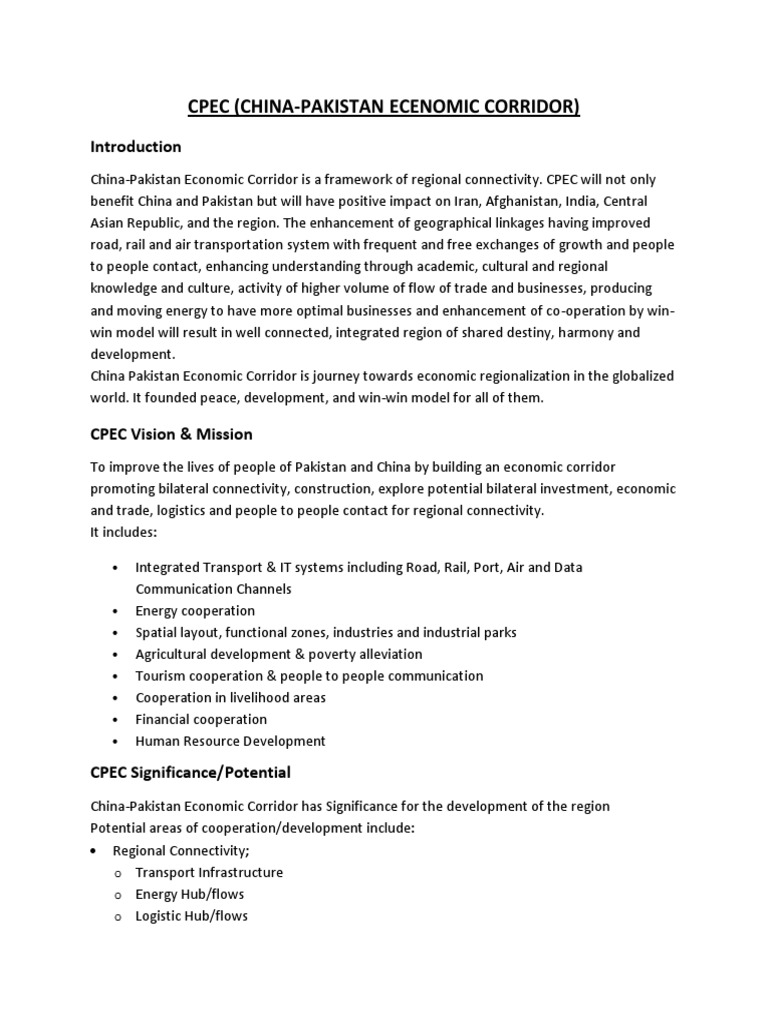 Cpec (China-Pakistan Ecenomic Corridor) | PDF | Business | Economies