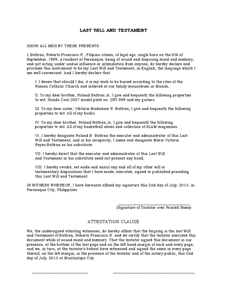 Last Will and Testament: Attestation Clause | PDF | Will And Testament ...