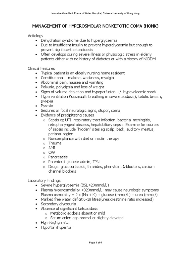 Management of Hyperosmolar Nonketotic Coma (Honk) PDF | PDF