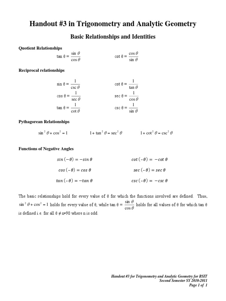 Basic Trigonometric Relationships and Identities | PDF