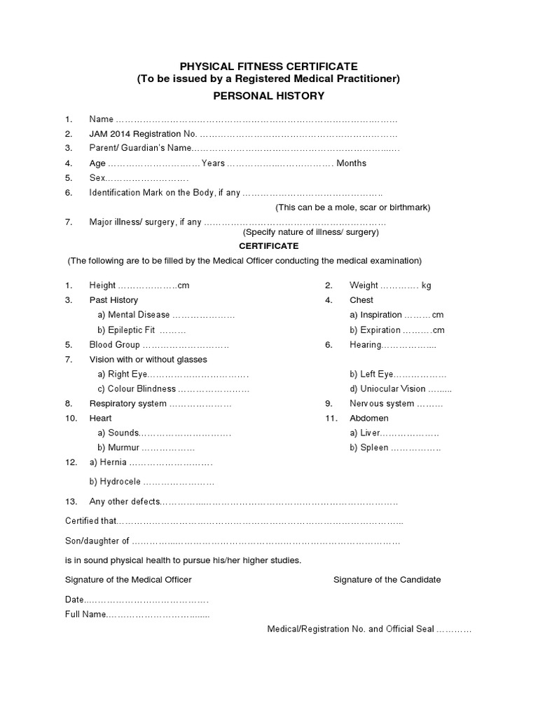 Physical Fitness Certificate Template | PDF | Wellness | Science ...