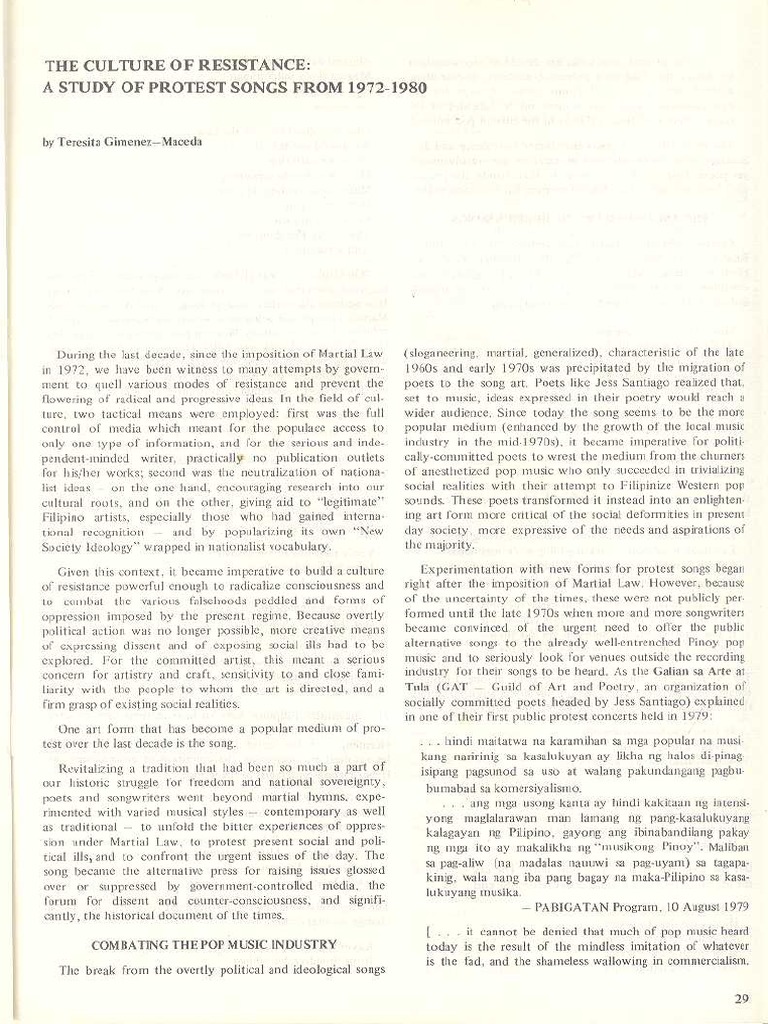 The Culture of Resistance A Study of Protest Songs From 1972-1980 PDF | PDF