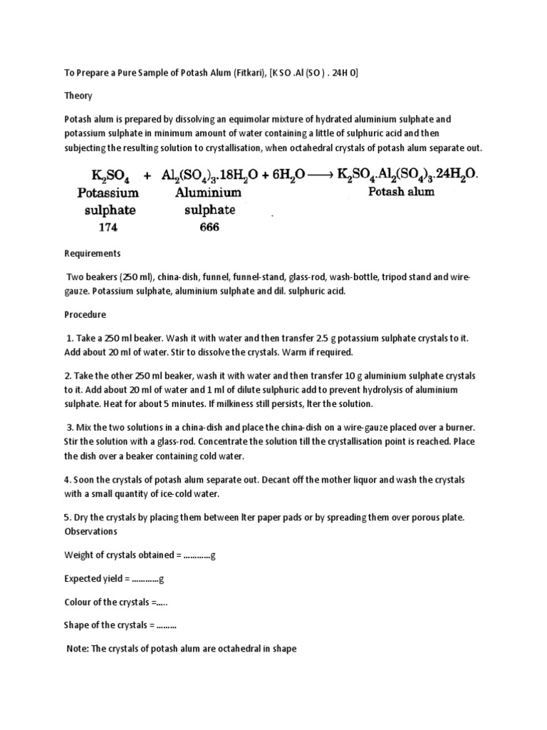 To Prepare A Pure Sample of Potash Alum | PDF | Cooking, Food & Wine