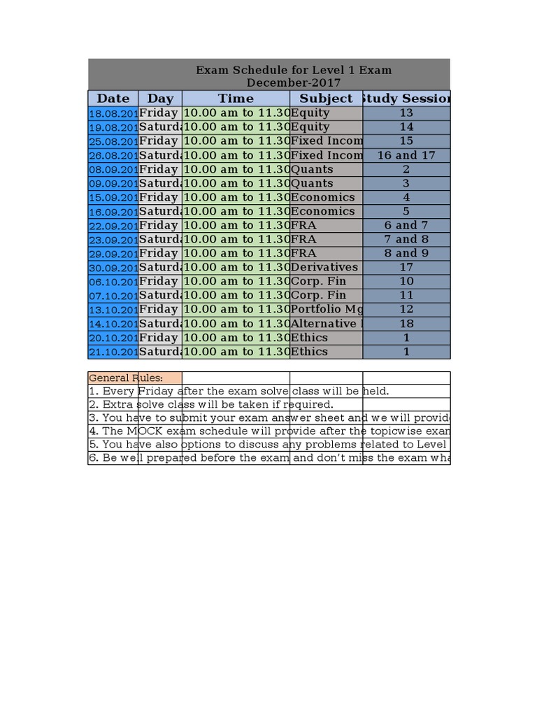 Exam Schdule For Level 1 | PDF