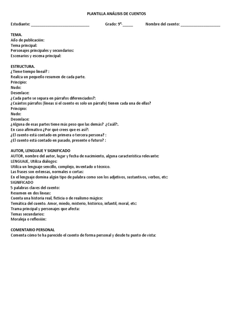 Plantilla Análisis de Cuentos | PDF