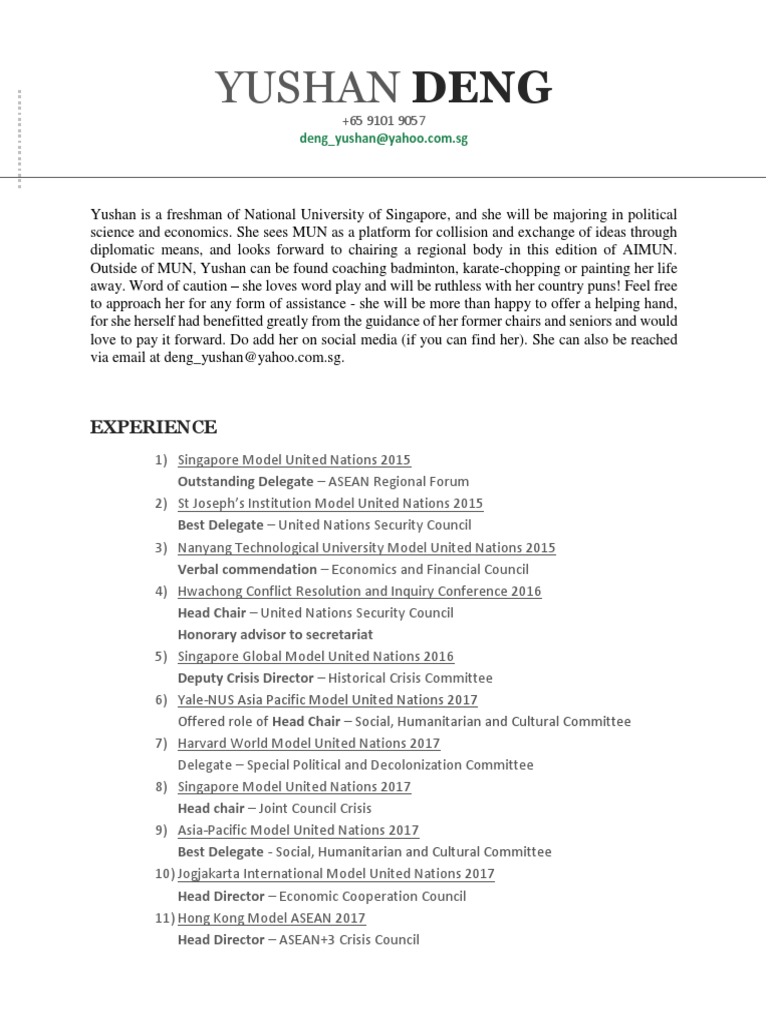 Yushan Deng - MUN CV | PDF | Singapore | World Politics