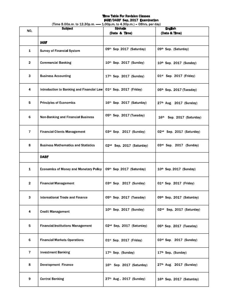 IBSL Exam Time Table 2025 Overview | PDF | Business
