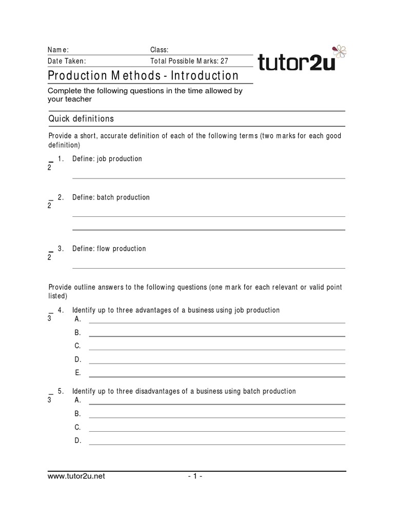 Tutor2u Production Methods Introduction Worksheet | PDF | Mass ...