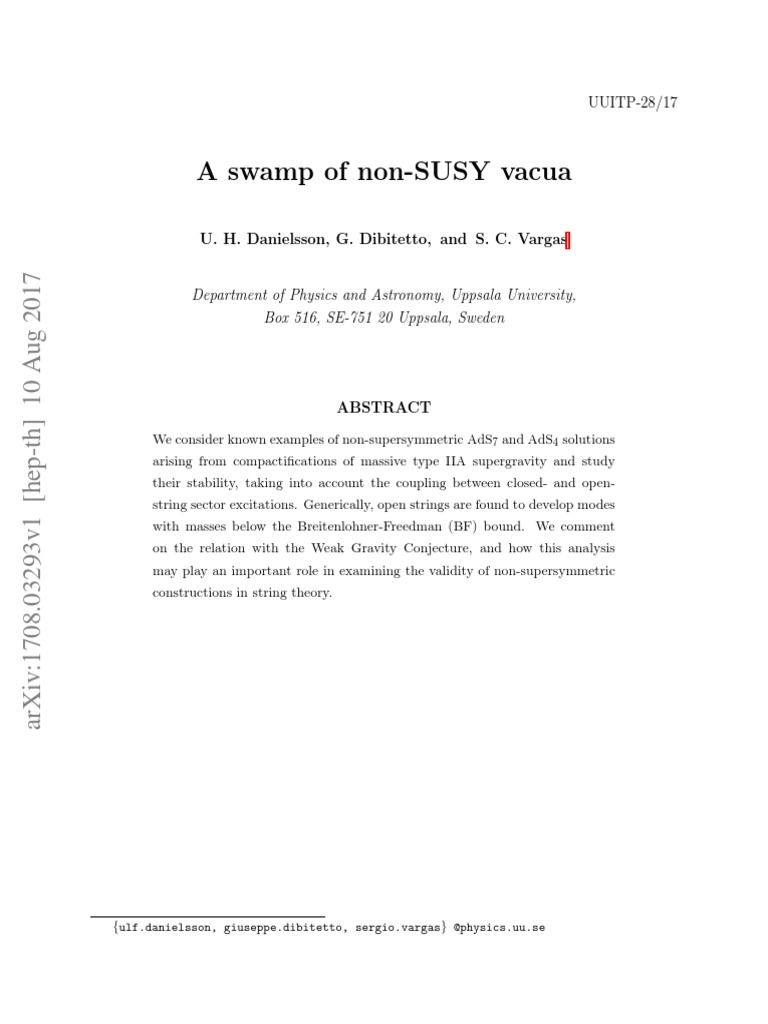 A Swamp of non-SUSY Vacua: UUITP-28/17 | PDF | Gauge Theory | String Theory