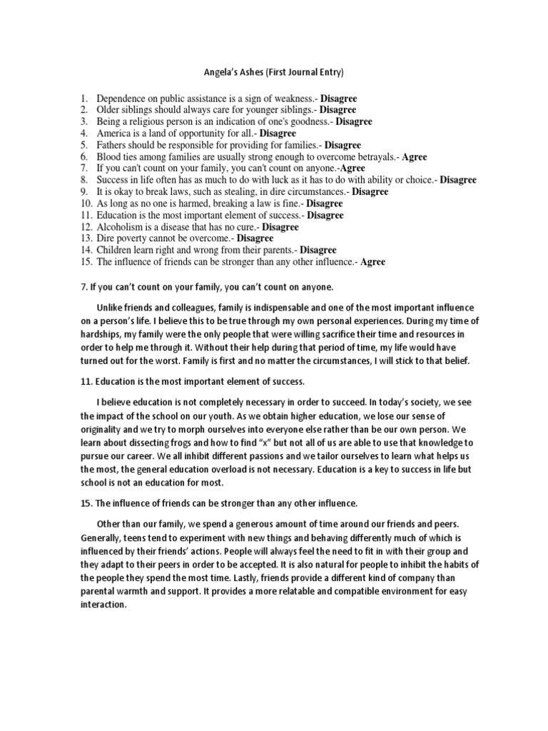 Angelas Ashes First Journal Entry | PDF | Adolescence | Behavioural ...