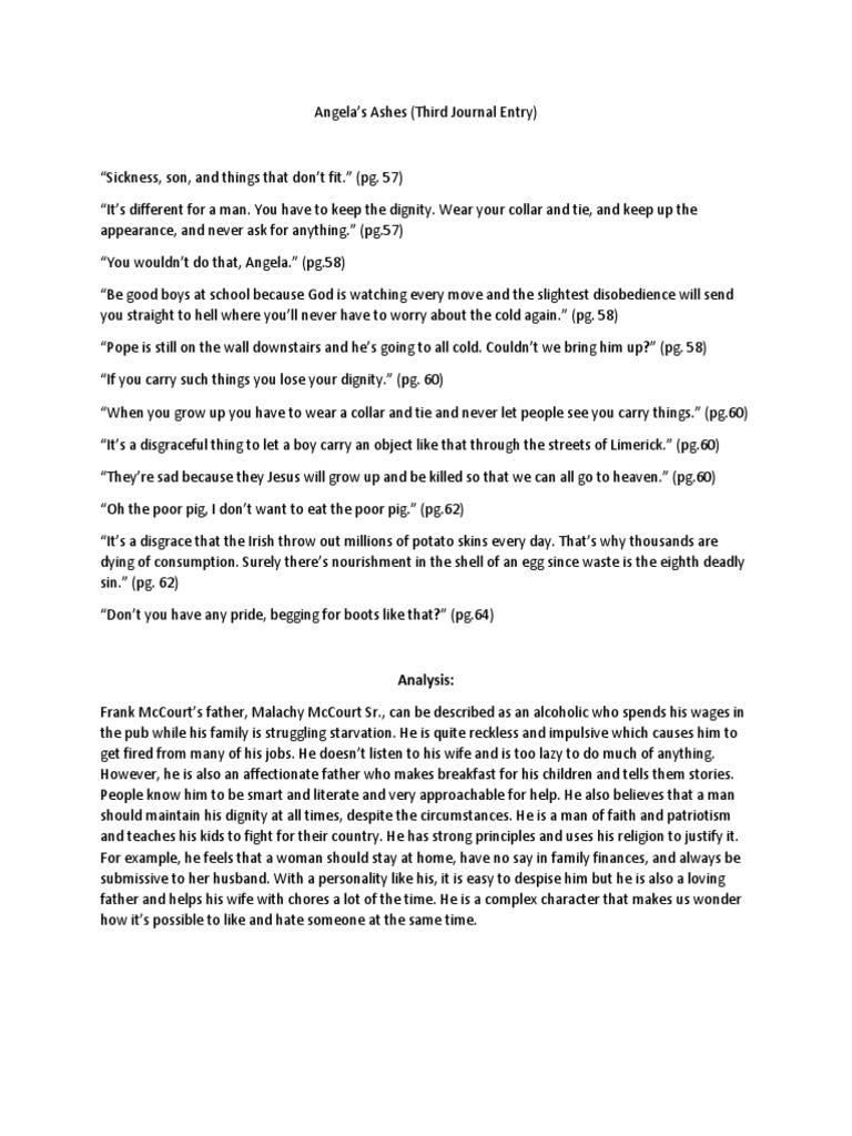 Angelas Ashes Third Journal Entry | PDF | Religion And Belief
