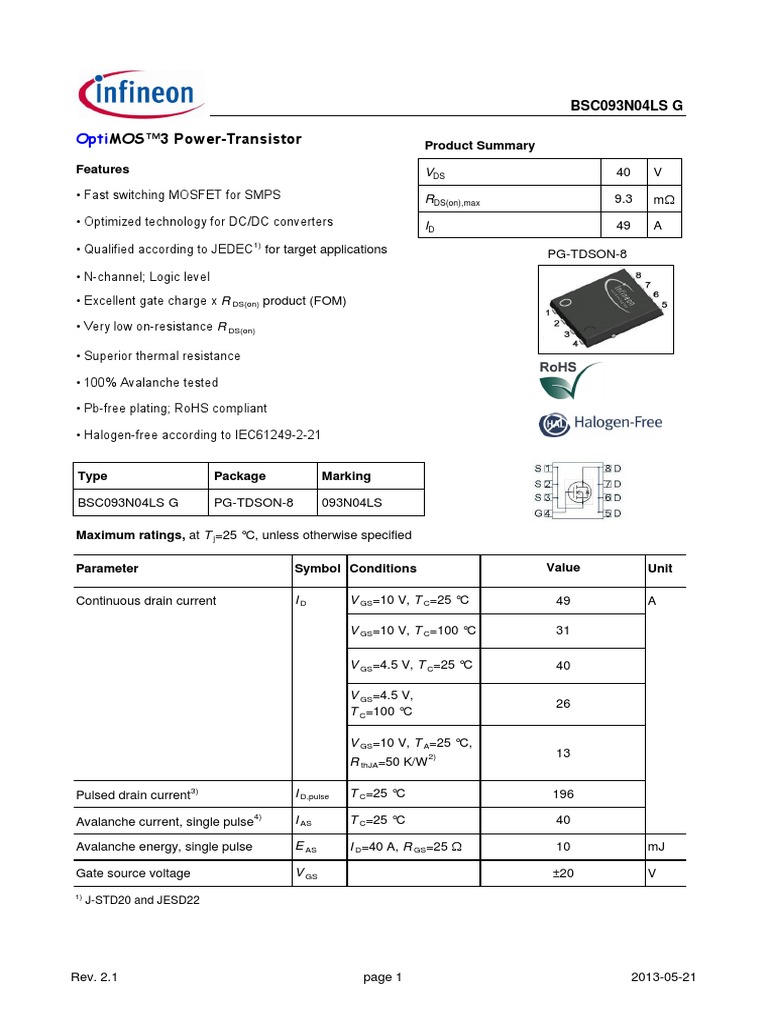 Infineon BSC093N04LSG DS v02 01 en | PDF | Field Effect Transistor | Mosfet
