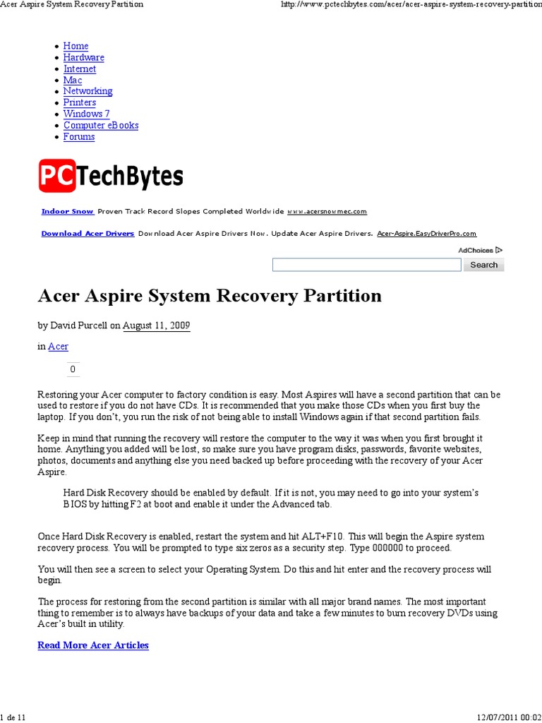 Acer Aspire System Recovery Partition | PDF | Booting | Backup
