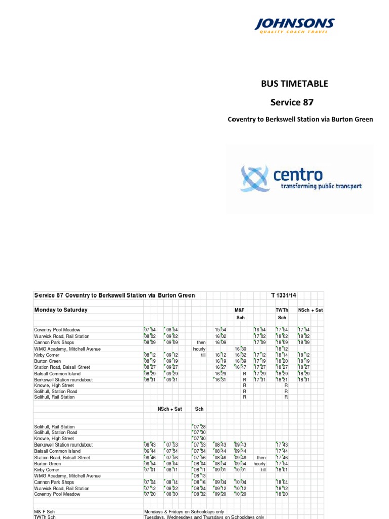 Bus Timetable Service 87: Coventry To Berkswell Station Via Burton ...