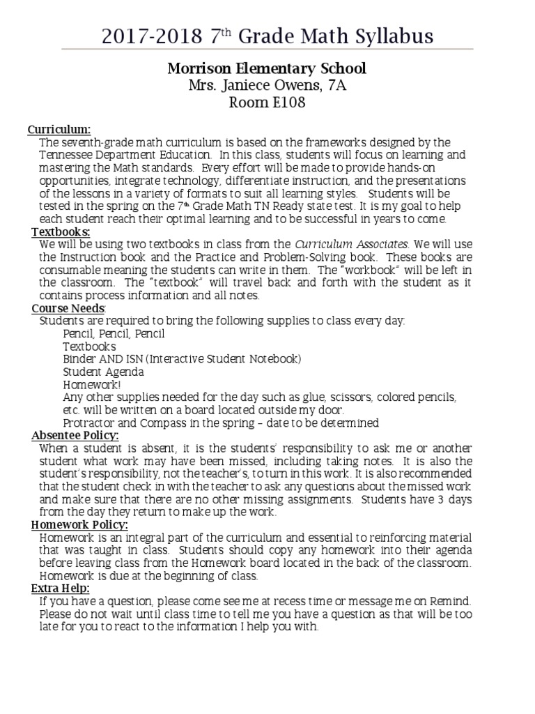7th Grade Math Syllabus | PDF | Homework | Curriculum