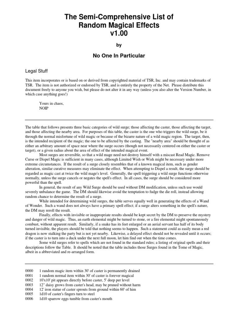 d20 No One in Particular The Semi-Comprehensive List of Random Magical ...