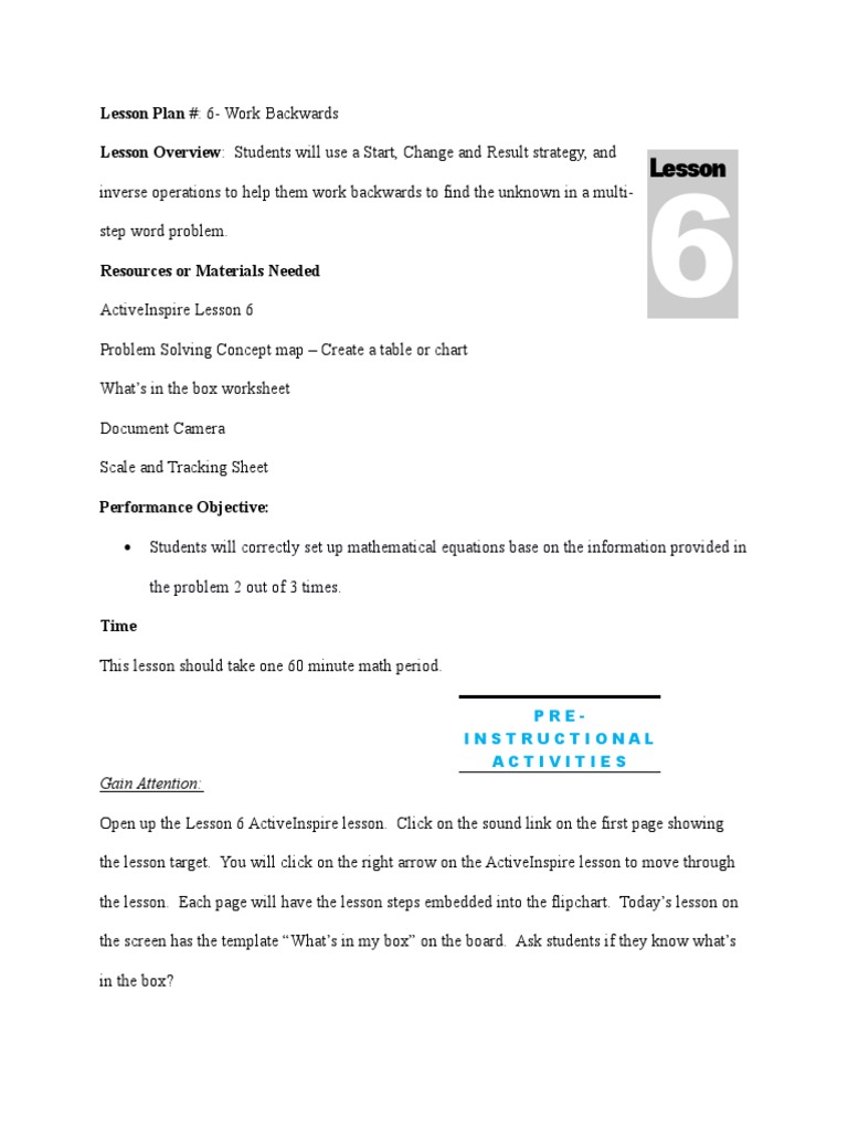 Lesson: Lesson Plan #: 6-Work Backwards Lesson Overview: Students Will ...