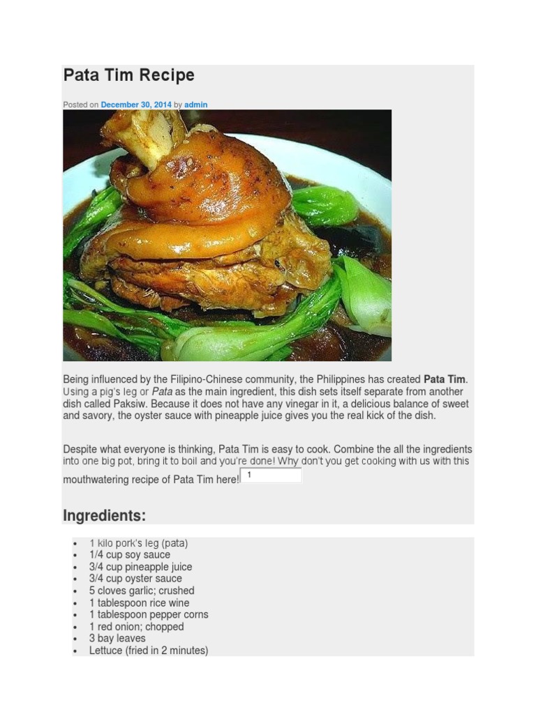 Pata Tim Recipe: Ingredients | PDF