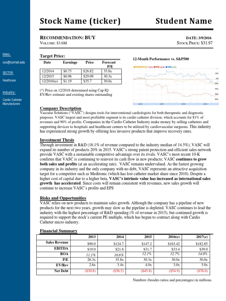Sample One Pager | PDF | Revenue | Price–Earnings Ratio