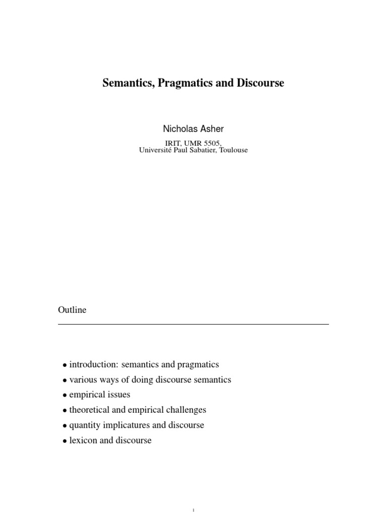 Discourse Semantics and Pragmatics | PDF | Semantics | Logic
