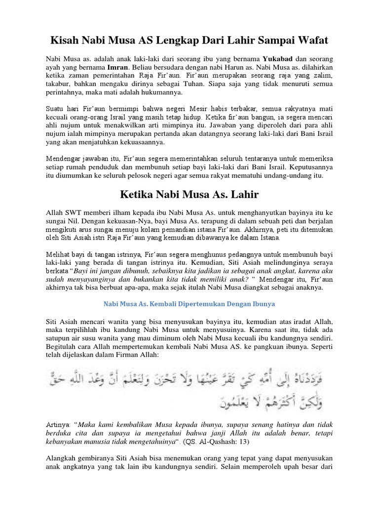Kisah Nabi Musa As Lengkap Dari Lahir Sampai Wafat | PDF