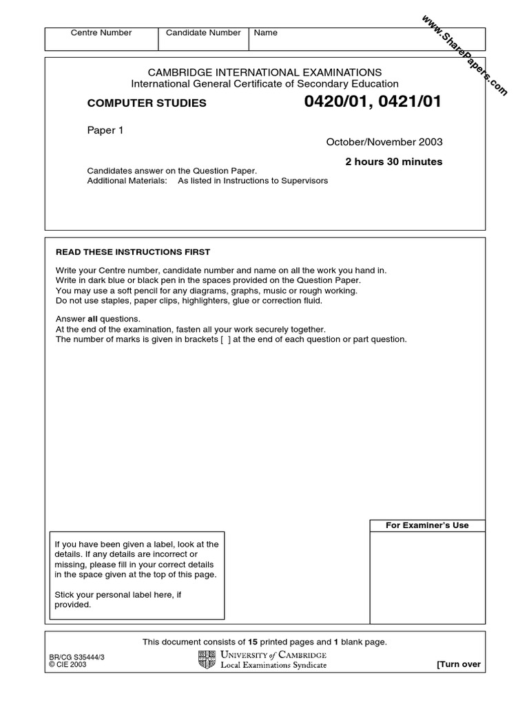 Computer Studies: Cambridge International Examinations International ...