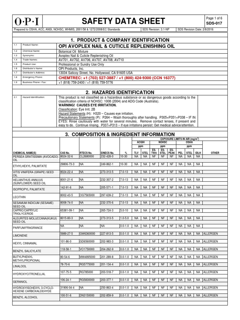 OPI SDS 017 - v31 NP | PDF | Safety | Chemistry