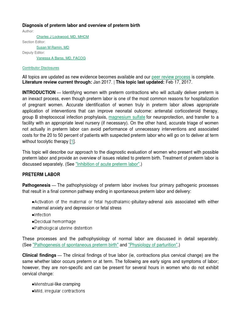 Diagnosis of Preterm Labor and Overview of Preterm Birth | PDF ...