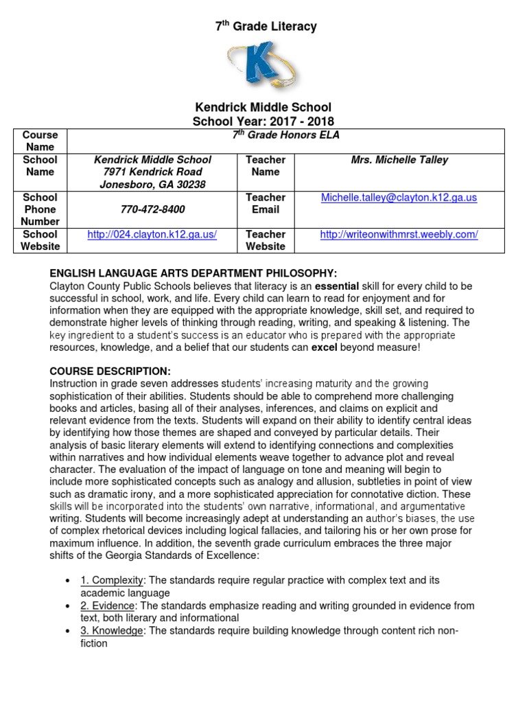 7th Grade Honors ELA Curriculum Guide | PDF | Educational Assessment ...
