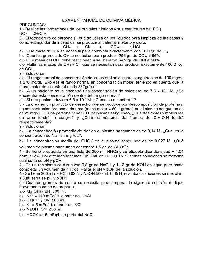 Examen Parcial de Quimica Médica | PDF | Concentración | Sangre