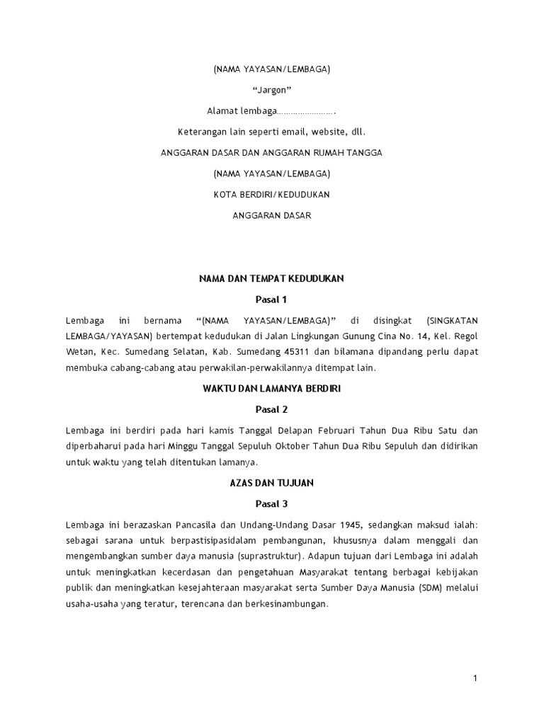 Contoh AD/ART YAYASAN | PDF