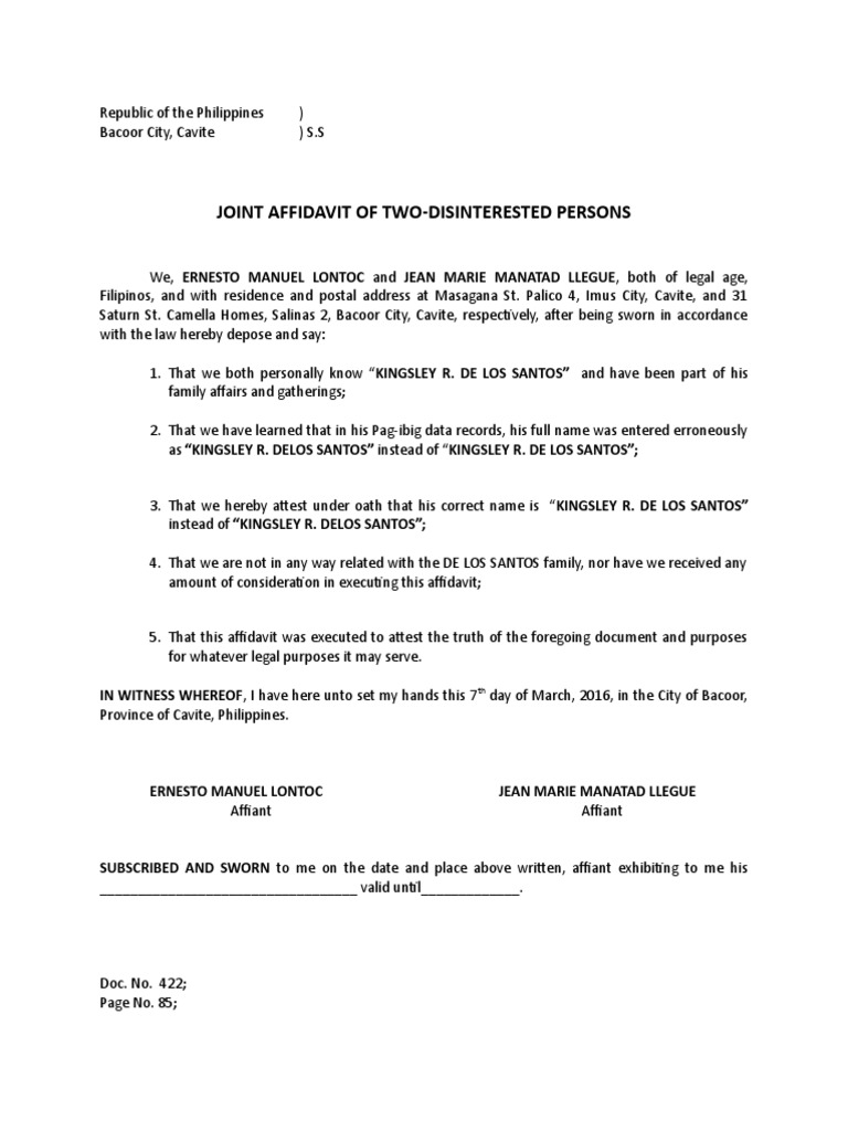 Joint Affidavit Pagibig Sample | PDF