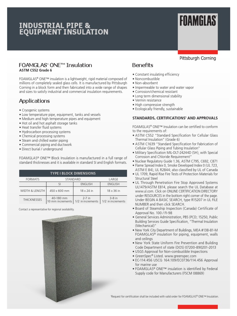 FOAMGLAS® ONE™ Insulation (ASTM) PDS | PDF | Thermal Insulation | Pipe (Fluid Conveyance)