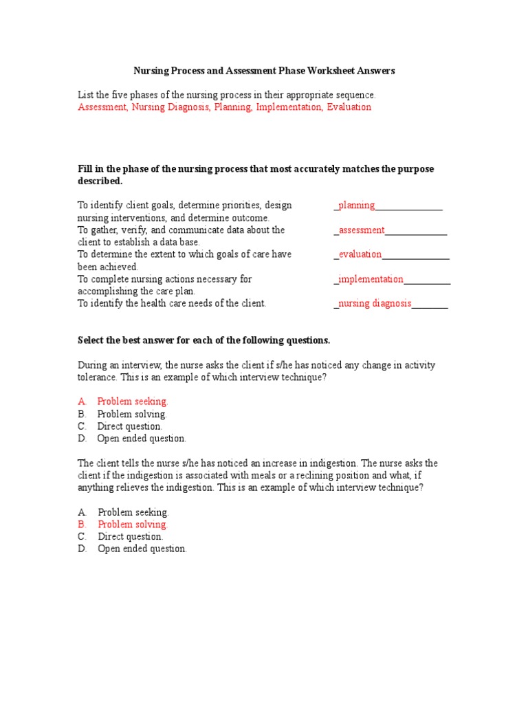 Assessment Worksheet Answers | PDF | Physical Examination | Nursing