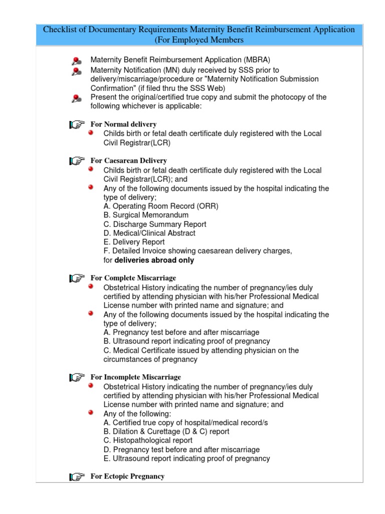 Checklist of Documentary Requirements Maternity Benefit Reimbursement ...