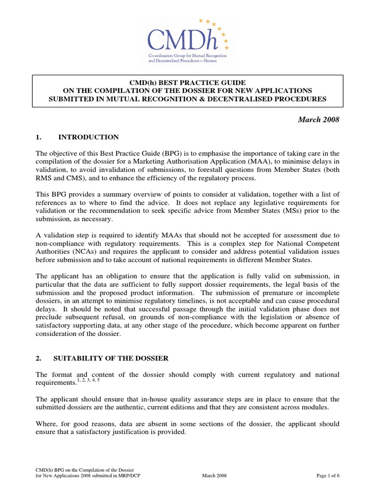 CMDH BPG Compilation of The Dossier 2008 03 Rev0 | PDF | Pharmaceutical ...