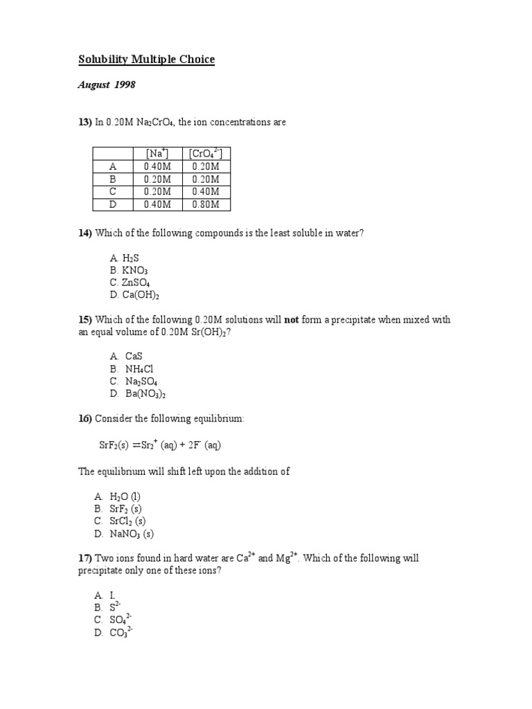 Solubility Multiple Choice Questions | PDF | Solubility | Solution