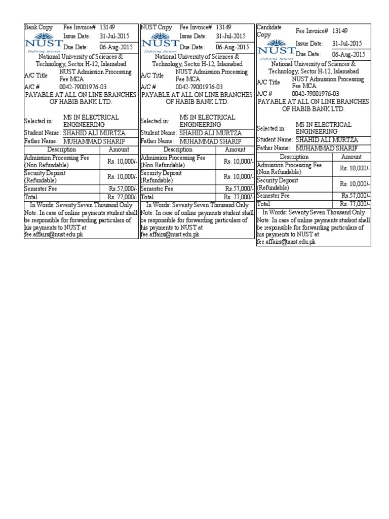 NUST Fee Invoice | PDF | Banking | Services (Economics)